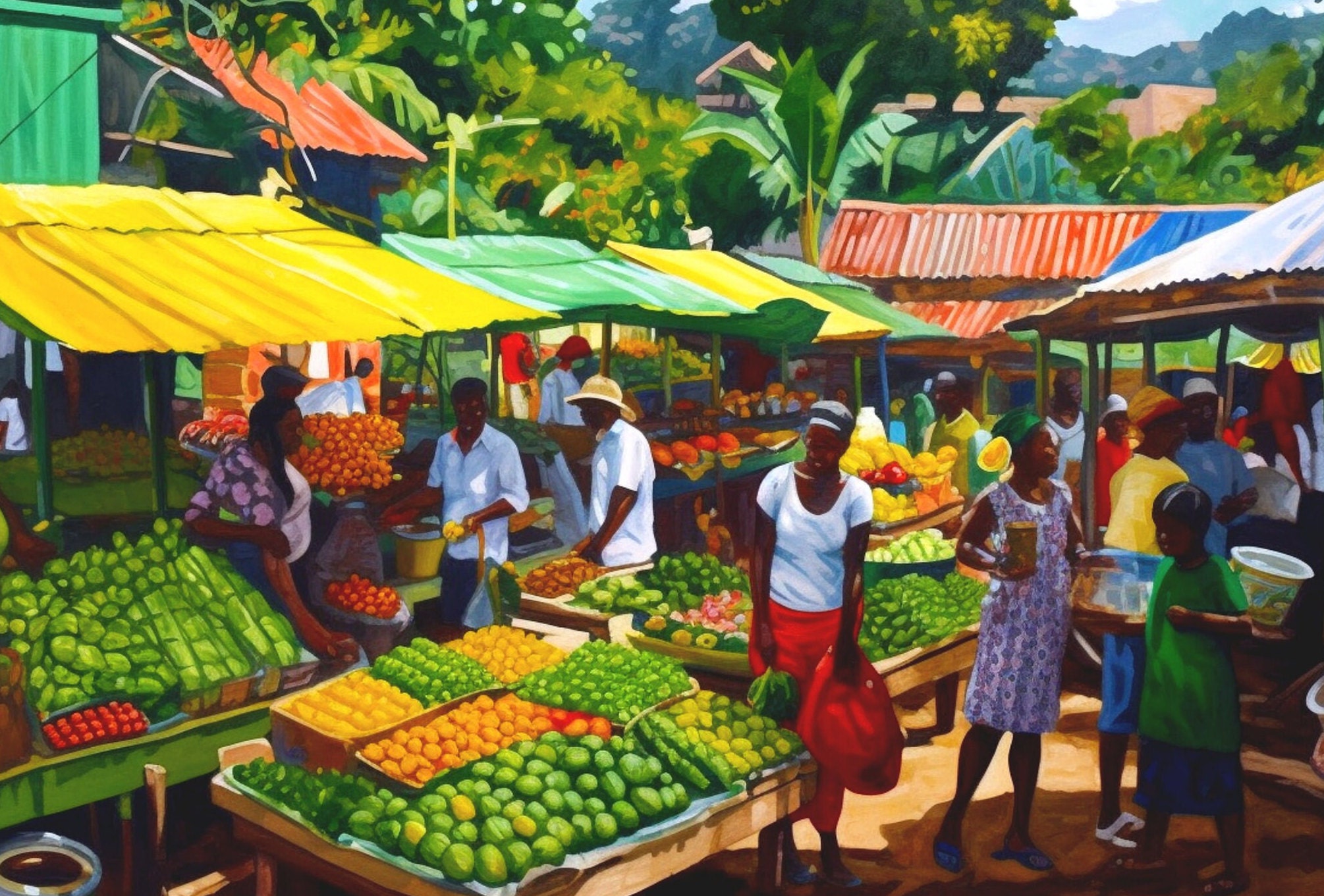 Caribbean Art Market Scene - Buying Provisions, Fruits and Vegetables ...