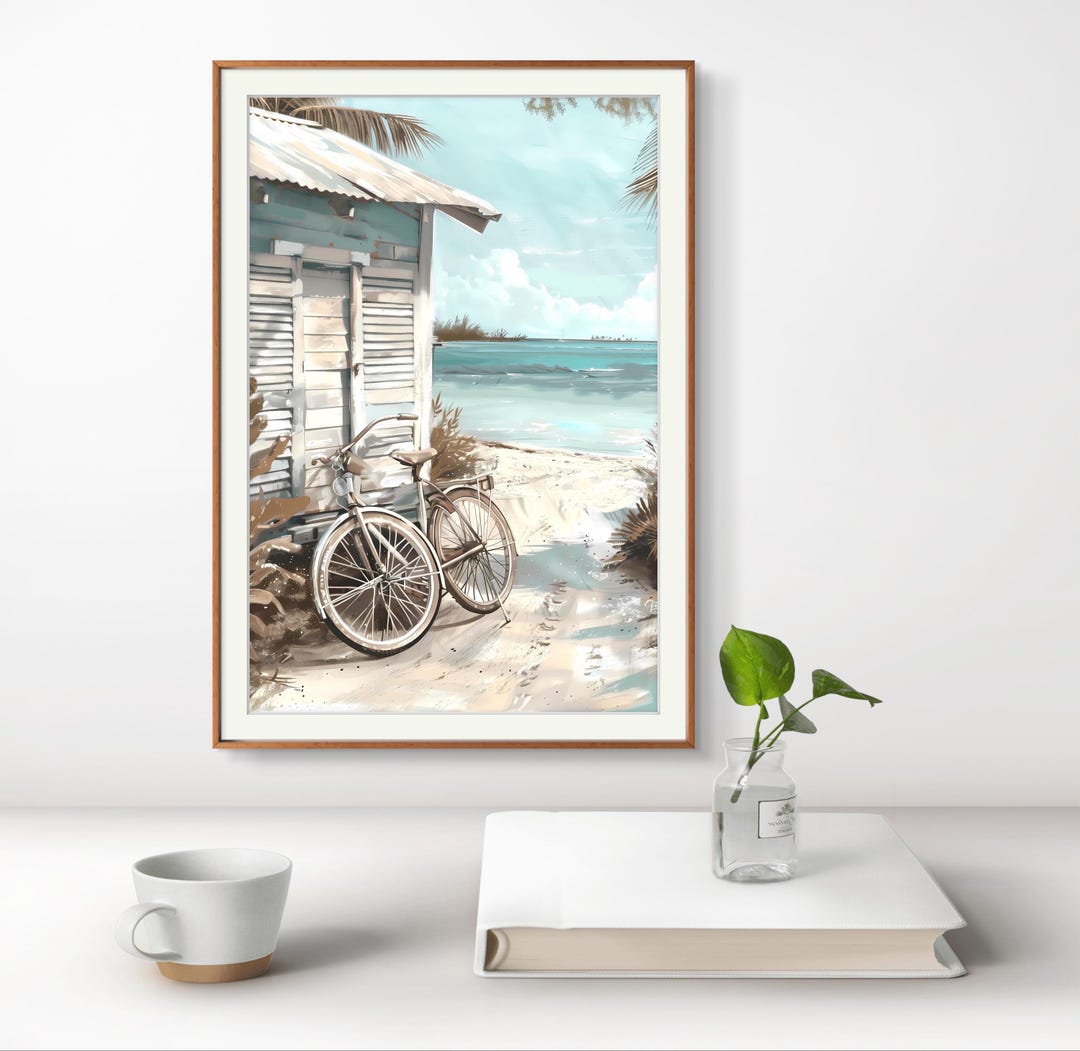 Bike on Beach Cottage Wall Art, Caribbean Beach, Contemporary Grey Blue ...