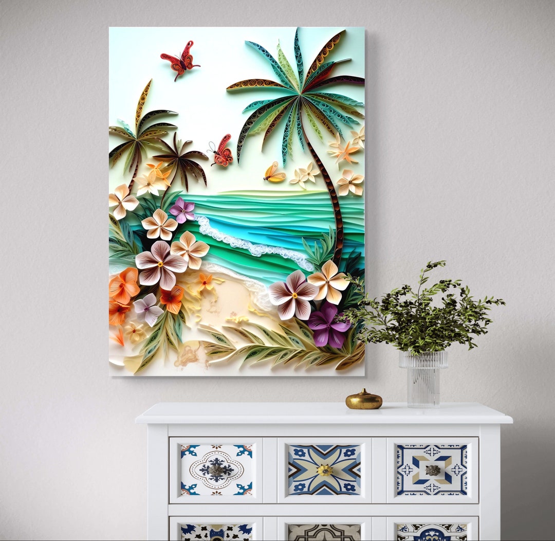Tropical Art of Beach and Flowers in 3D Style but Flat Paper Quill ...