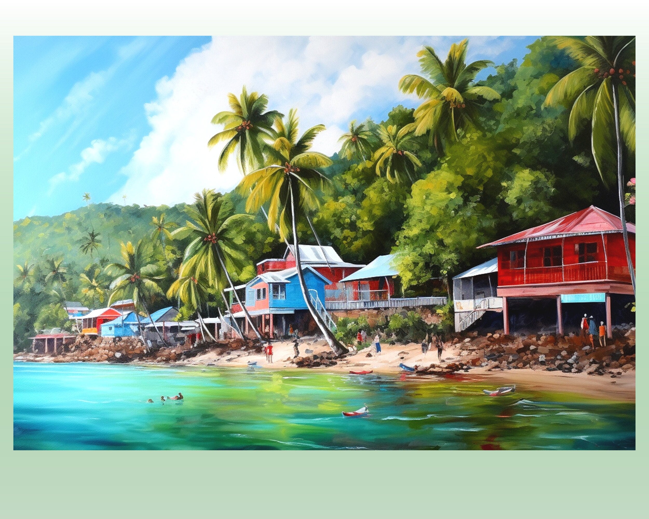 Caribbean Oil Painting Print of Coastal Village in the Islands ...