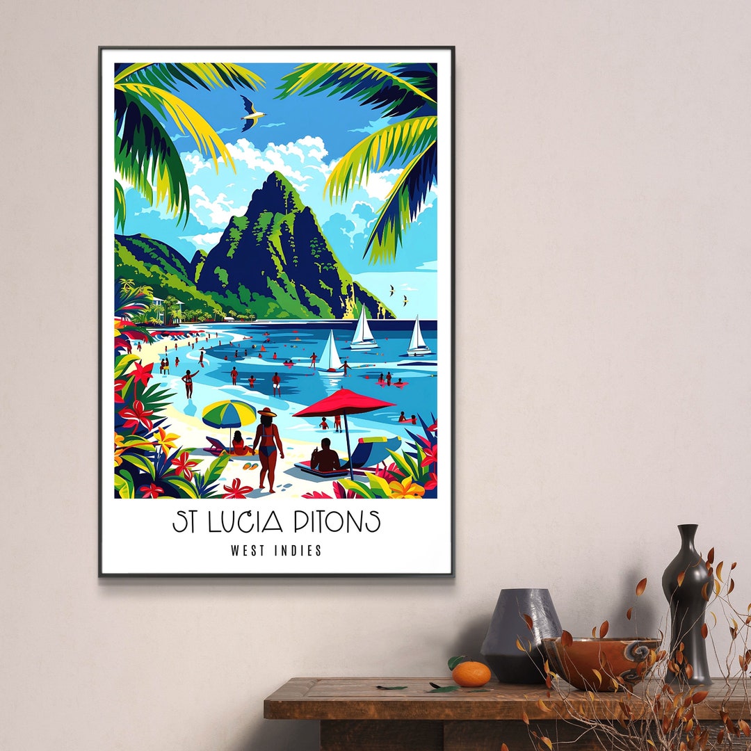 St Lucia Travel Poster Print of Pitons in St Lucia Caribbean Artwork ...