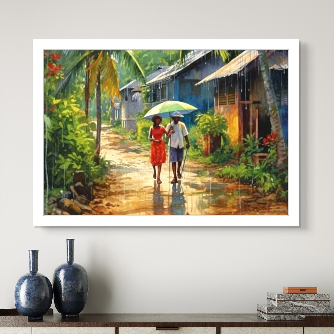 Caribbean Art Canvas of Rainy Day in the Village in Grenada, Dominica ...