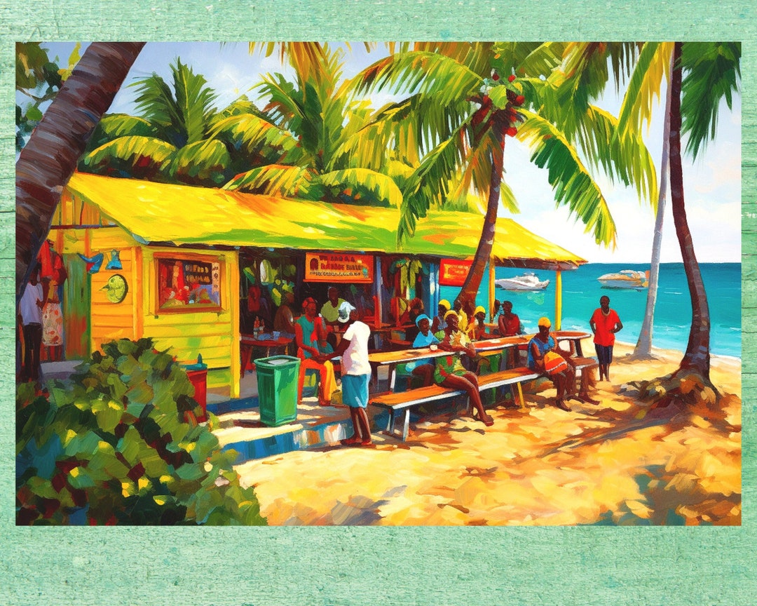 Caribbean Print of Beach Bar in Jamaica, Yellow and Green With Blue Sea ...