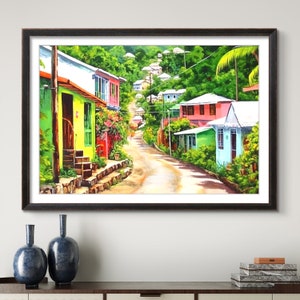 Grenada Art Canvas Painting of Village Road, Caribbean Wall Art ...