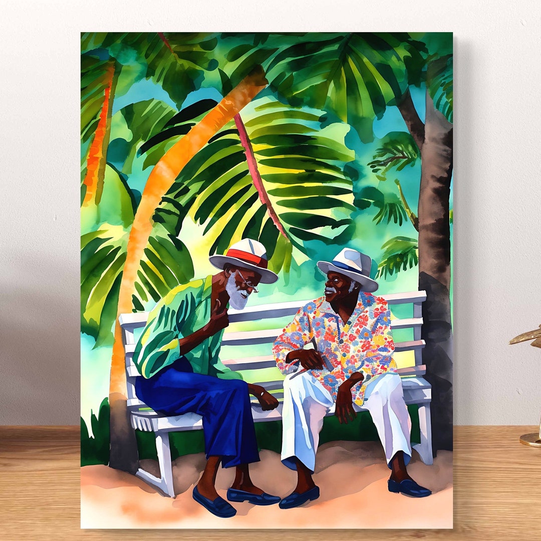 Jamaican Print of Men Sitting on Bench Reasoning Palm Tree West Indian ...