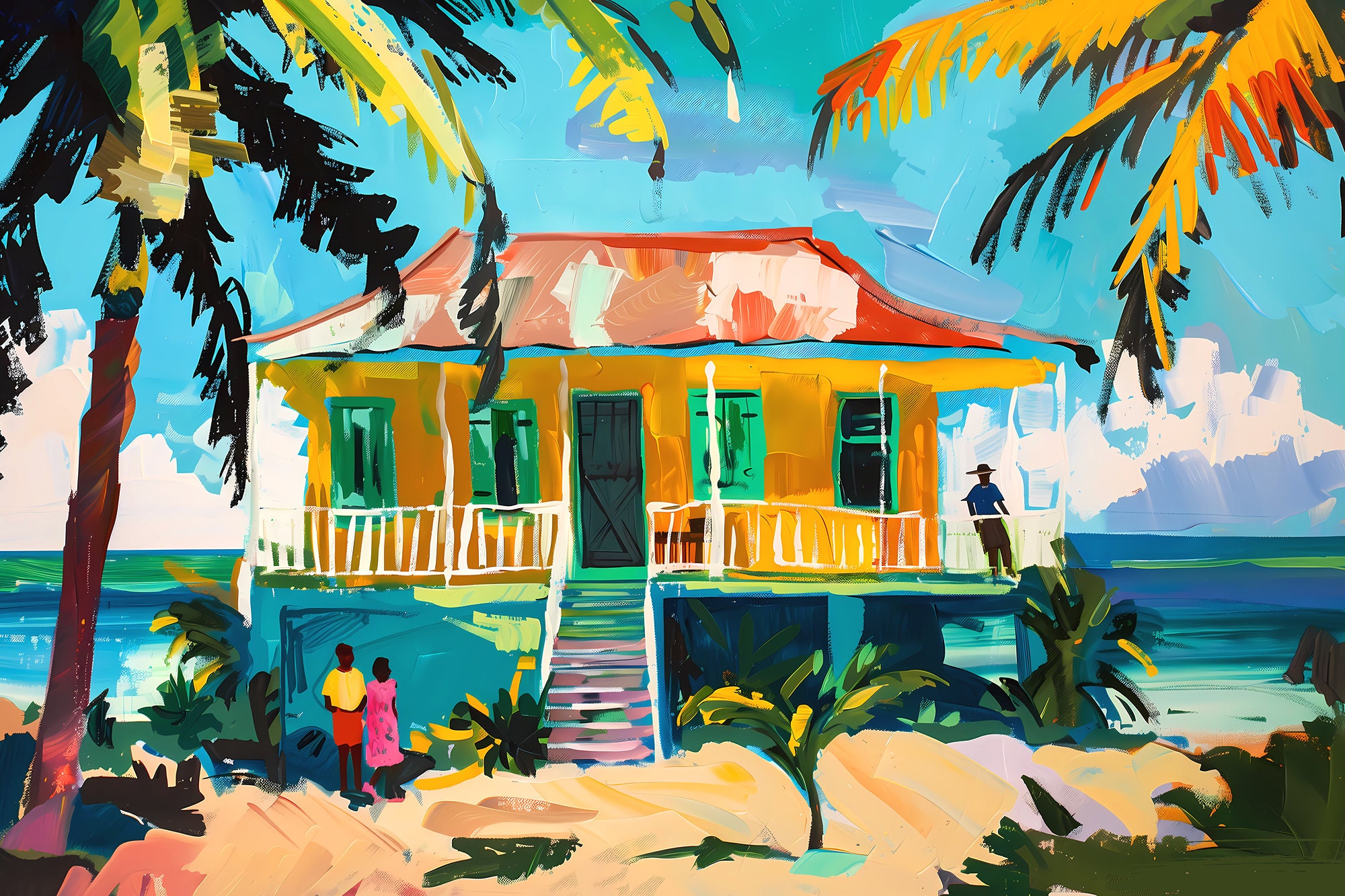 Guyana Art Print of Yellow House With Red Roof on Coast Caribbean House ...