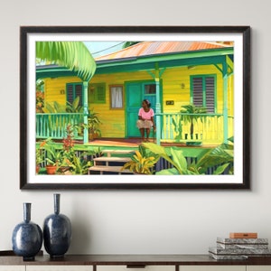 Barbados Painting of Chattel House in Green and Yellow, Caribbean Wall ...