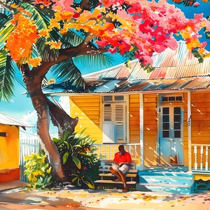 Grenada Artwork Poster Print of Caribbean House With Mango Tree ...