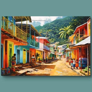 Dominica Art Canvas, Caribbean Village Scene, Madras Dress - Etsy