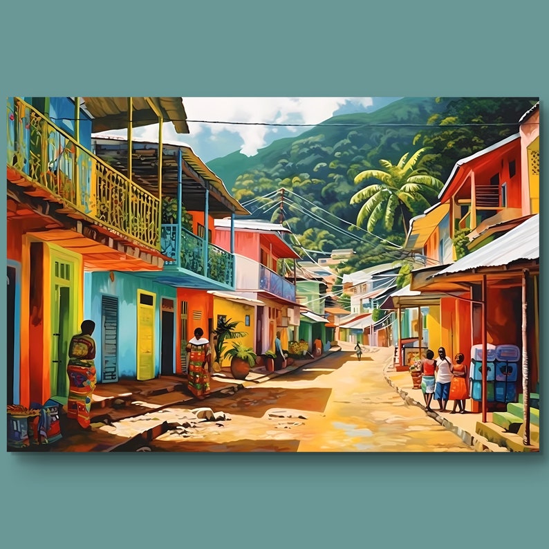 Dominica Art Canvas, Caribbean Village Scene, Madras Dress - Etsy