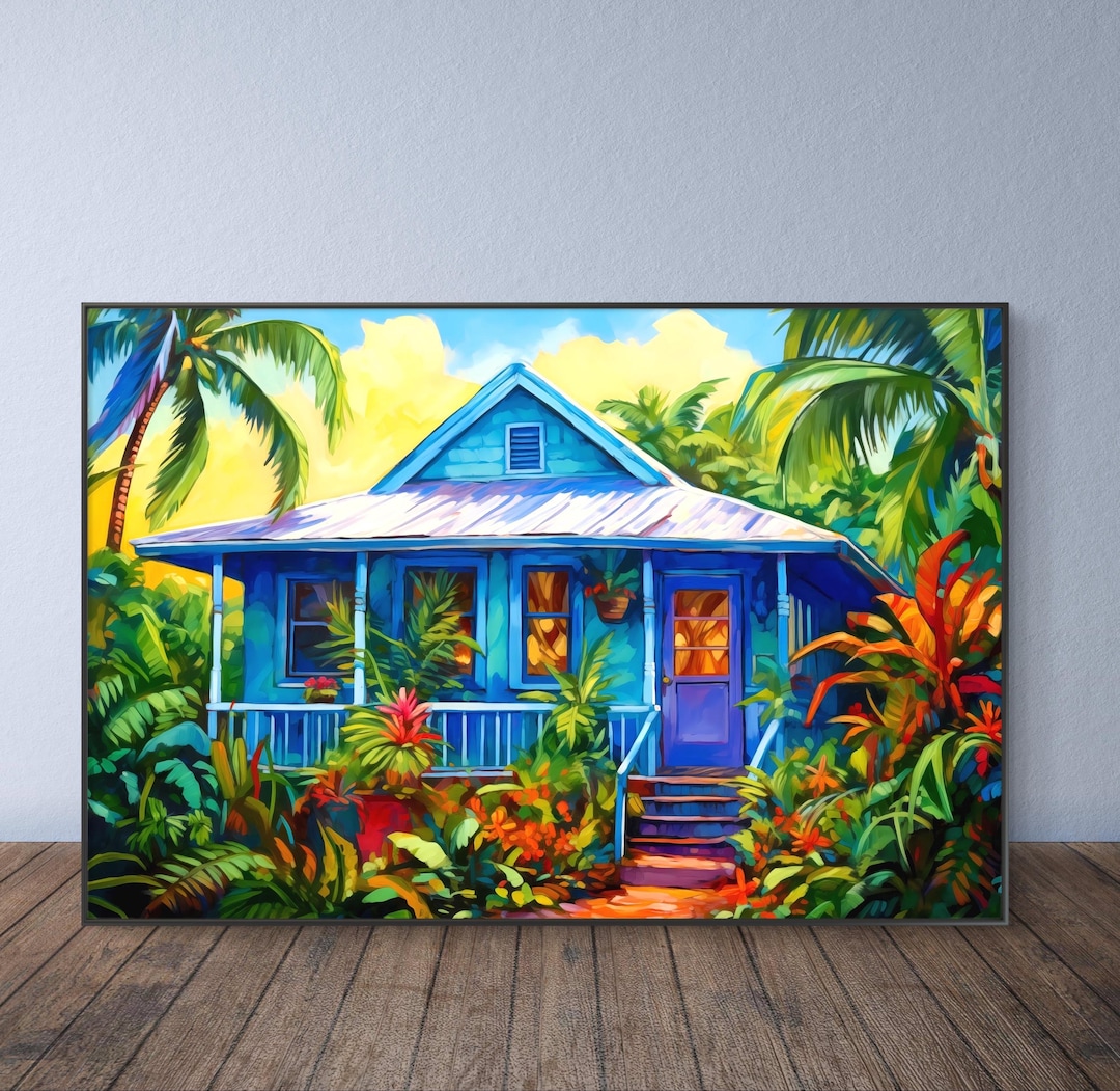 Blue Caribbean House in This Tropical Painting, Caribbean Chattel House ...