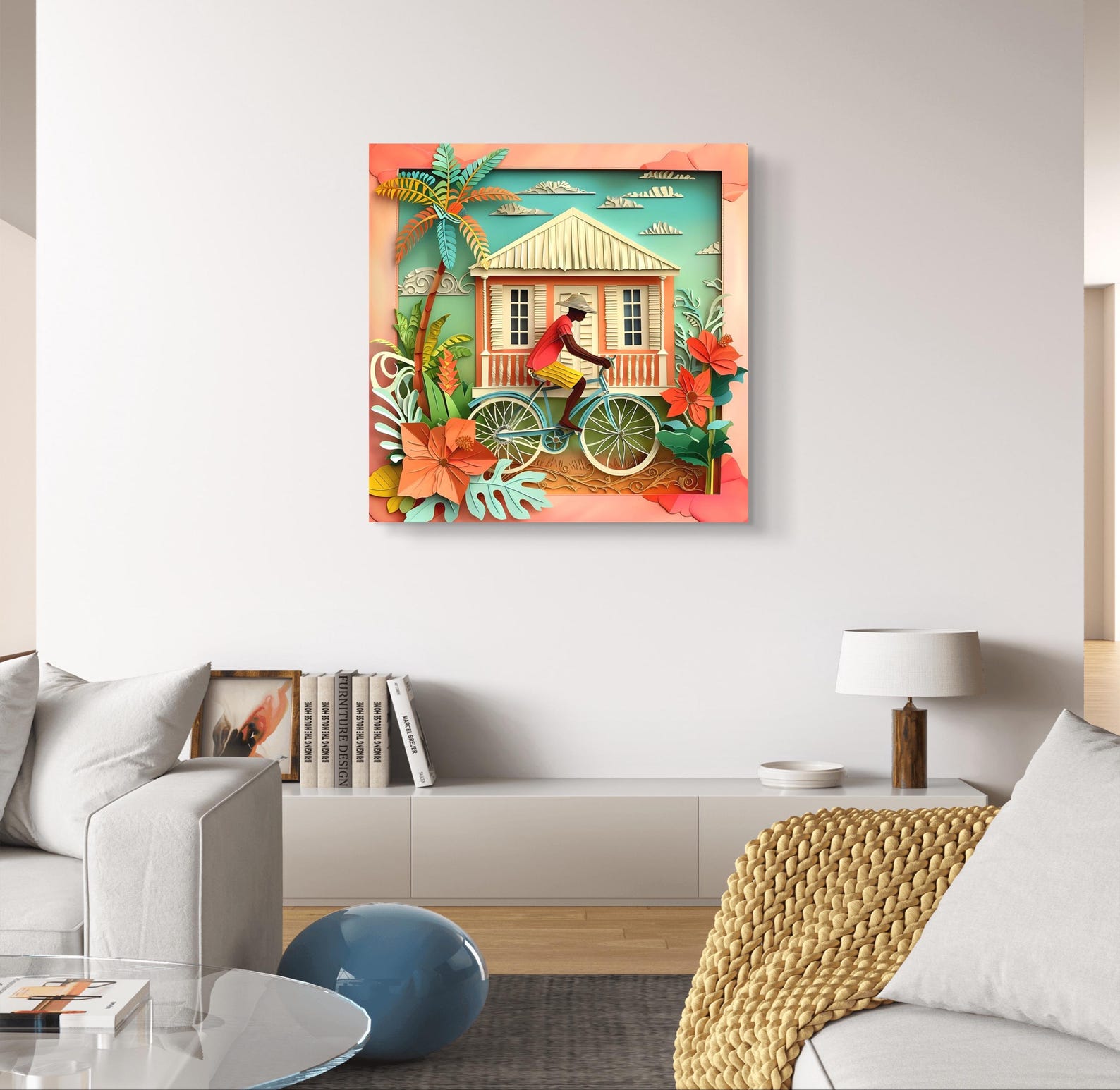 Caribbean Wall Art of Man on Bike - Papercut Style Caribbean Canvas in ...