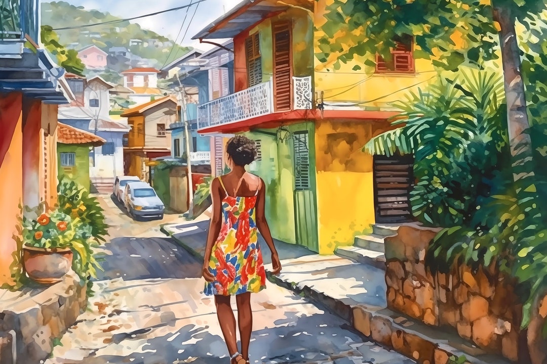 Dominica Watercolour Caribbean Wall Art of Girl in Street as Poster ...