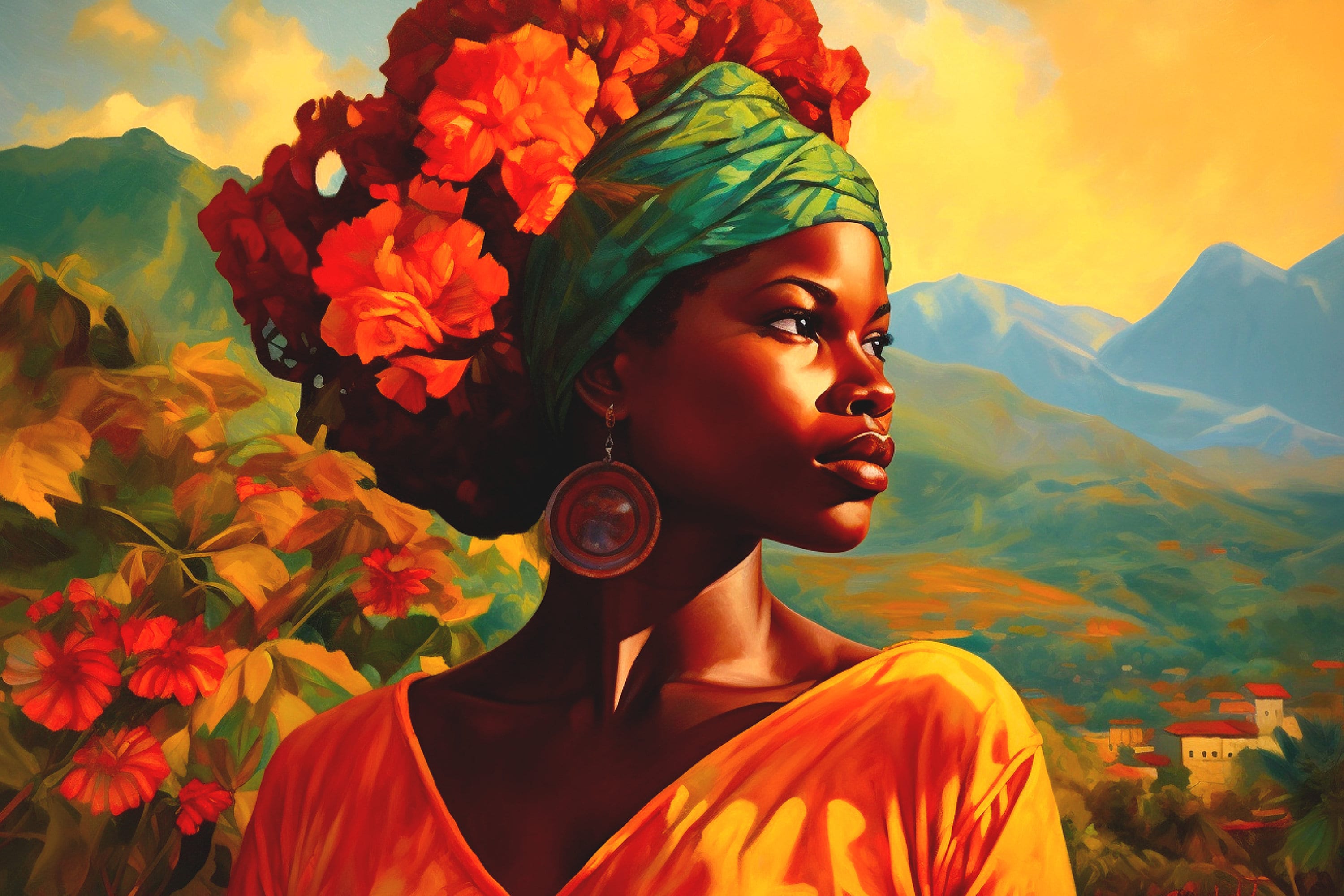 Haitian Art Print: Graceful Woman Amidst Haiti's Scenic Beauty of ...