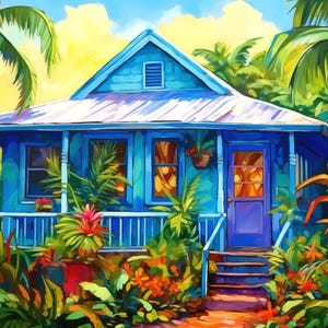 Blue Caribbean House in This Tropical Painting, Caribbean Chattel House ...
