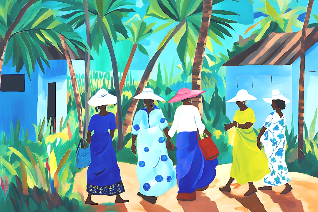 Afro Caribbean Art of Ladies at Church, Religious Contemporary, African ...