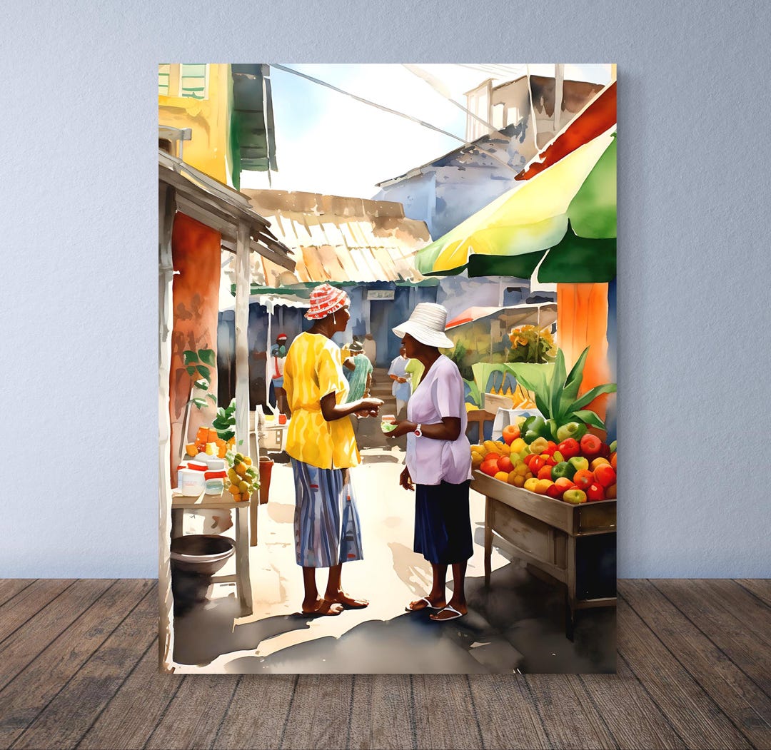 Caribbean Street Market in St Lucia Caribbean Print Yellow and Green ...