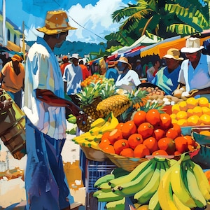 Vibrant Caribbean Art Print of Market Scene, Colorful Caribbean Market ...