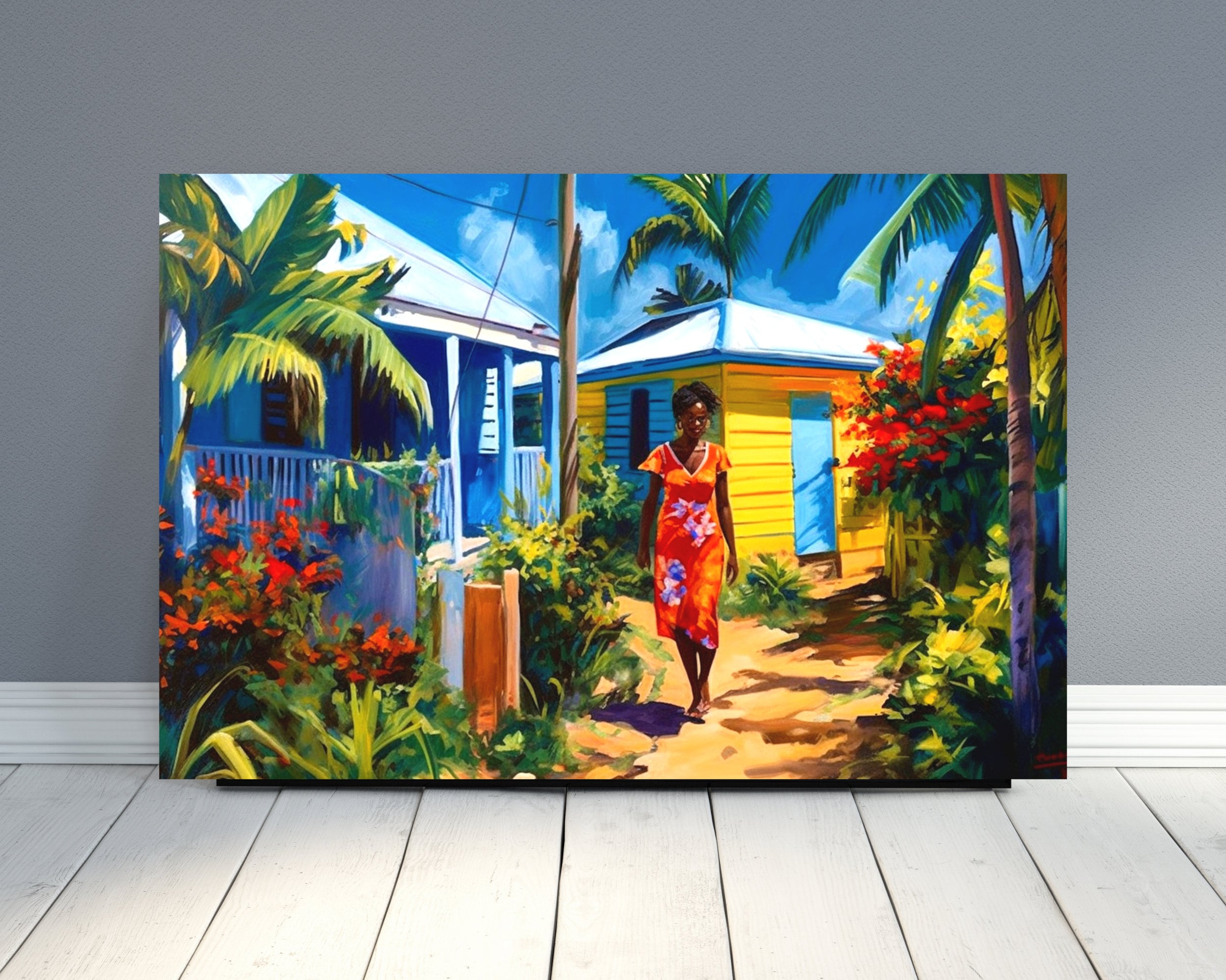 Jamaica Art, Caribbean Wall Art of Jamaican Houses and Lady, Gift for ...
