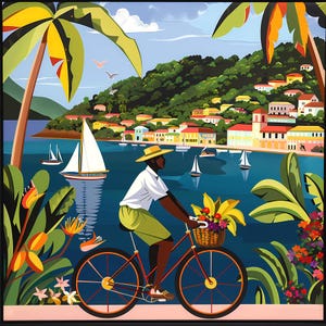 Guadeloupe Art of Man Cycling Along the Harbour French West Indies - Etsy