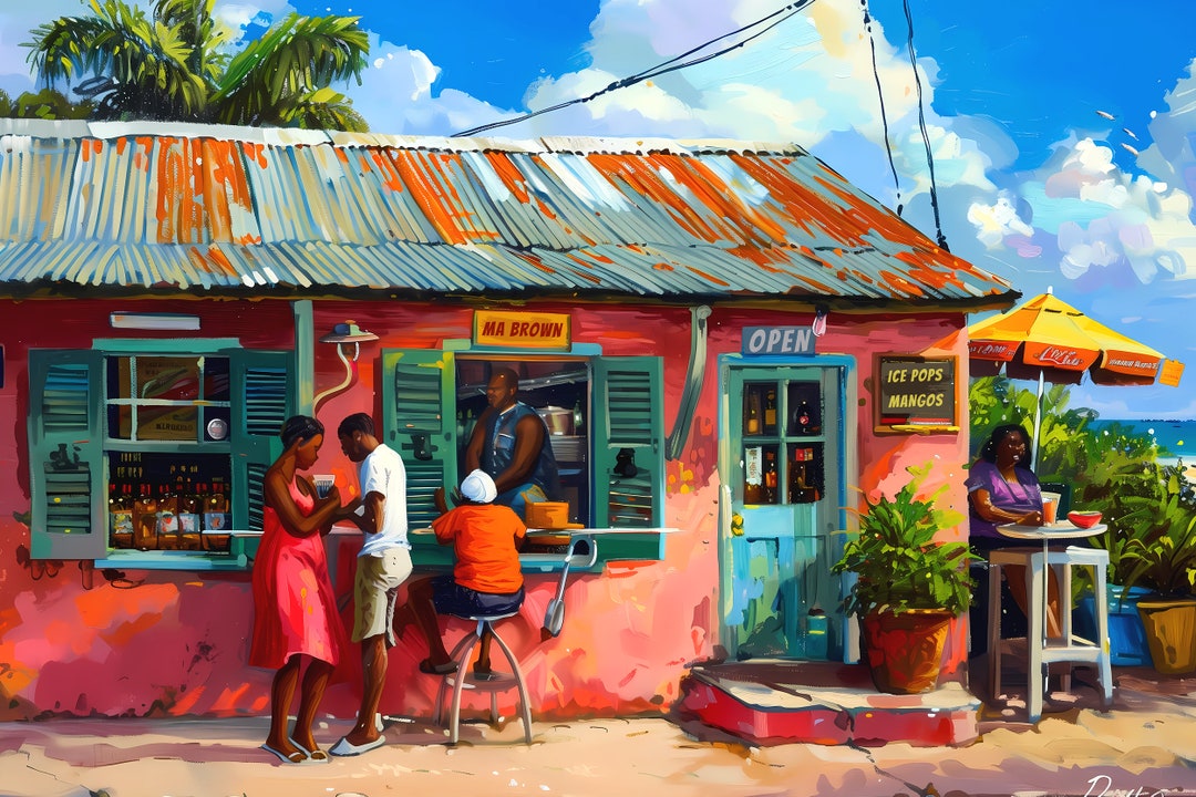 Jamaican Print of Grocery Store With People Outside Vibrant Local ...