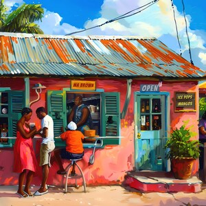 Jamaican Print of Grocery Store With People Outside Vibrant Local ...