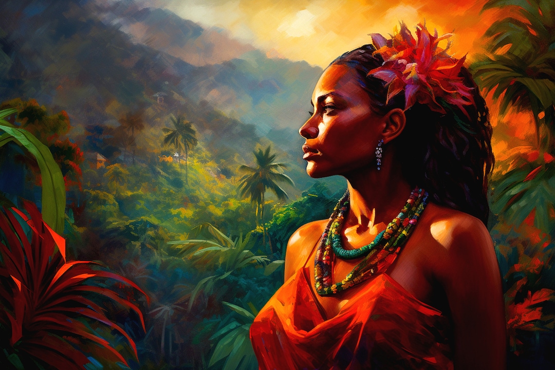 Kalinago Art Print of Lady Gazing at Dominica's Mountains (formerly ...