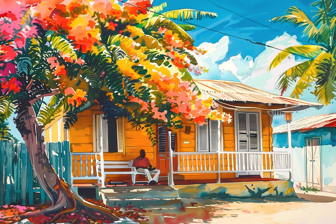 Barbados Art Print of Caribbean House With Mango Tree Travel Gift for ...