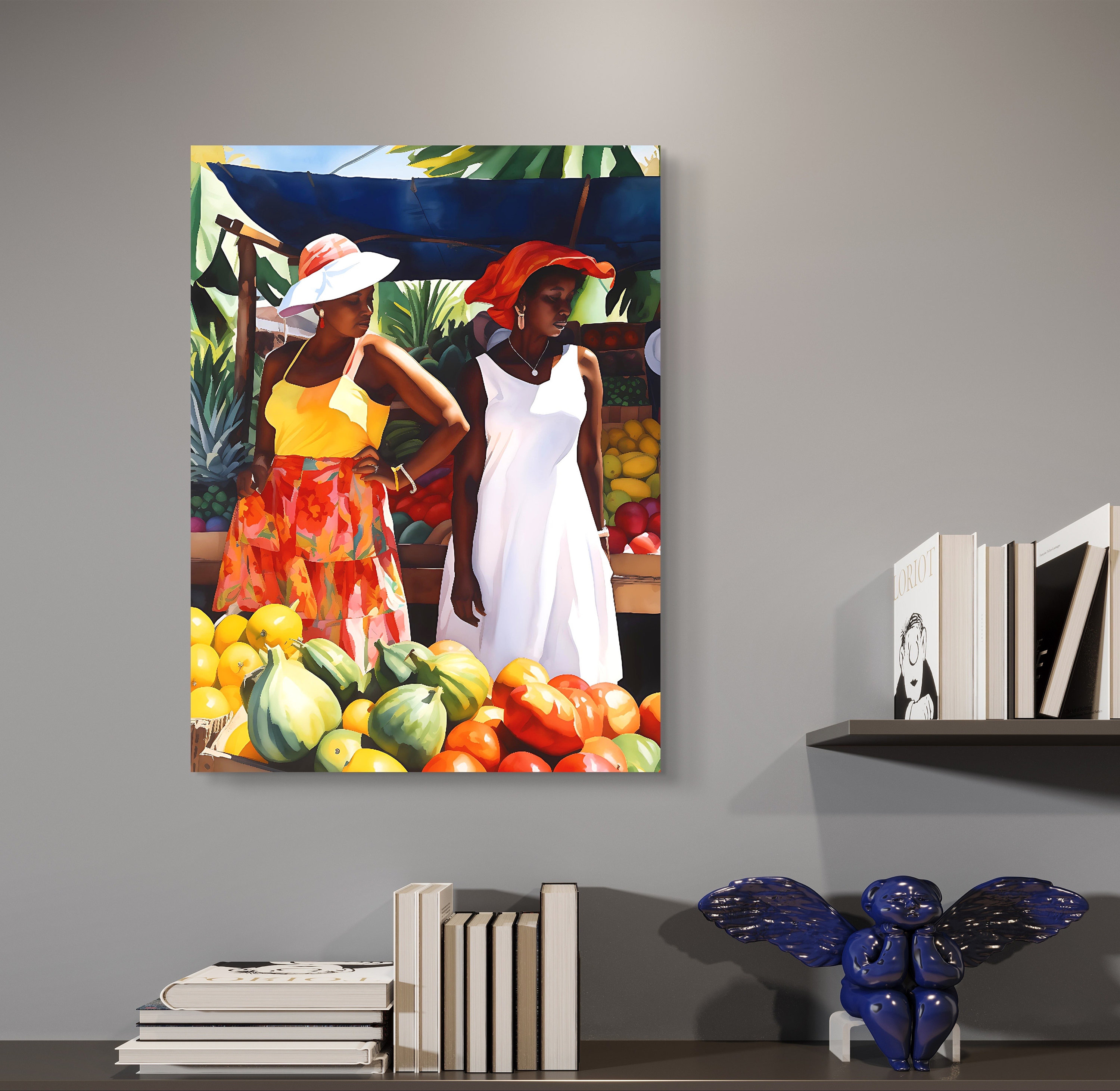 Caribbean Market Art of Two Girls With Fruit and Vegetables in Grenada ...