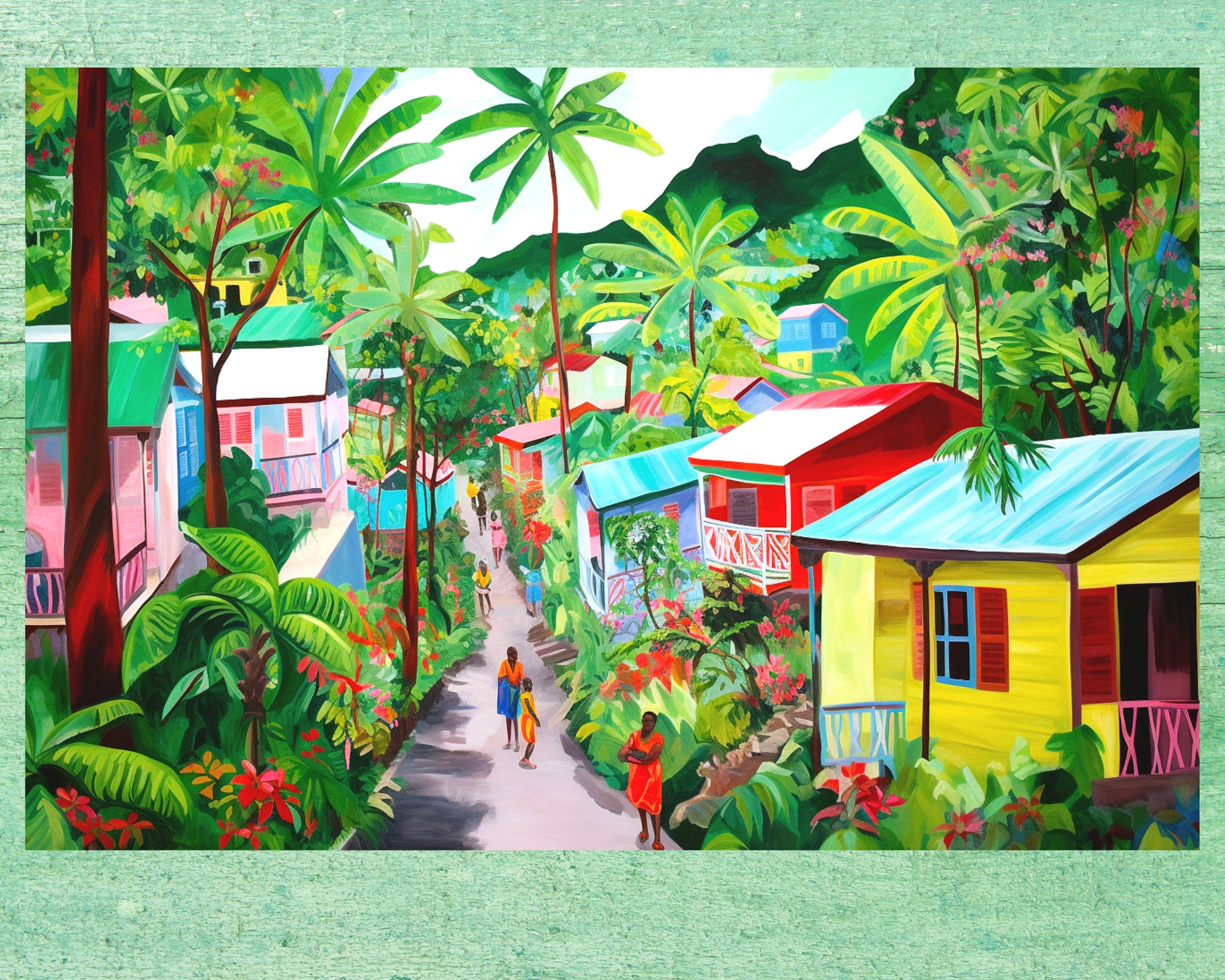 Jamaica Art, Village With Coconut Trees, Houses, Caribbean Island Print ...