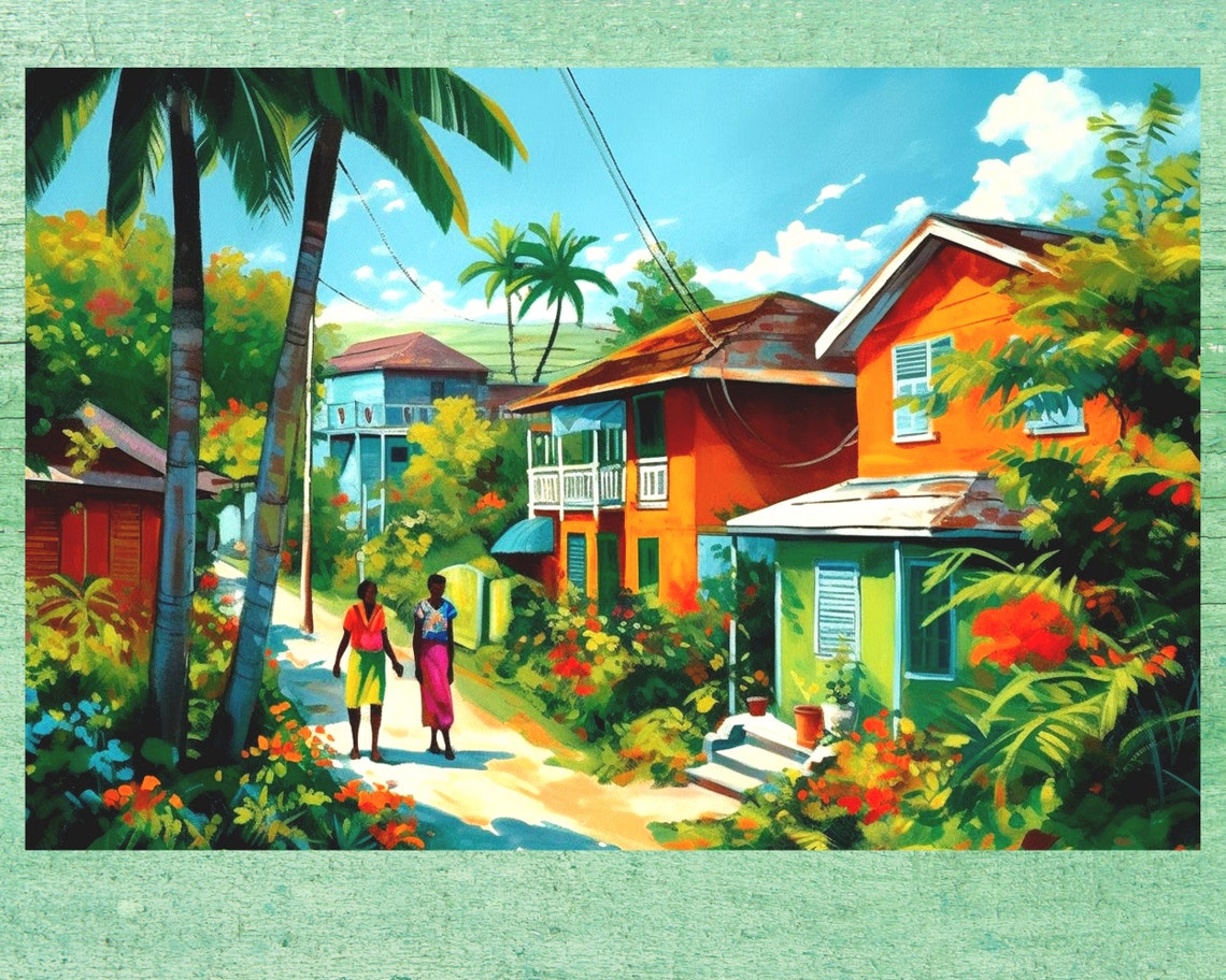 Caribbean Print of Ladies Walking in Jamaica Past Houses and Trees ...
