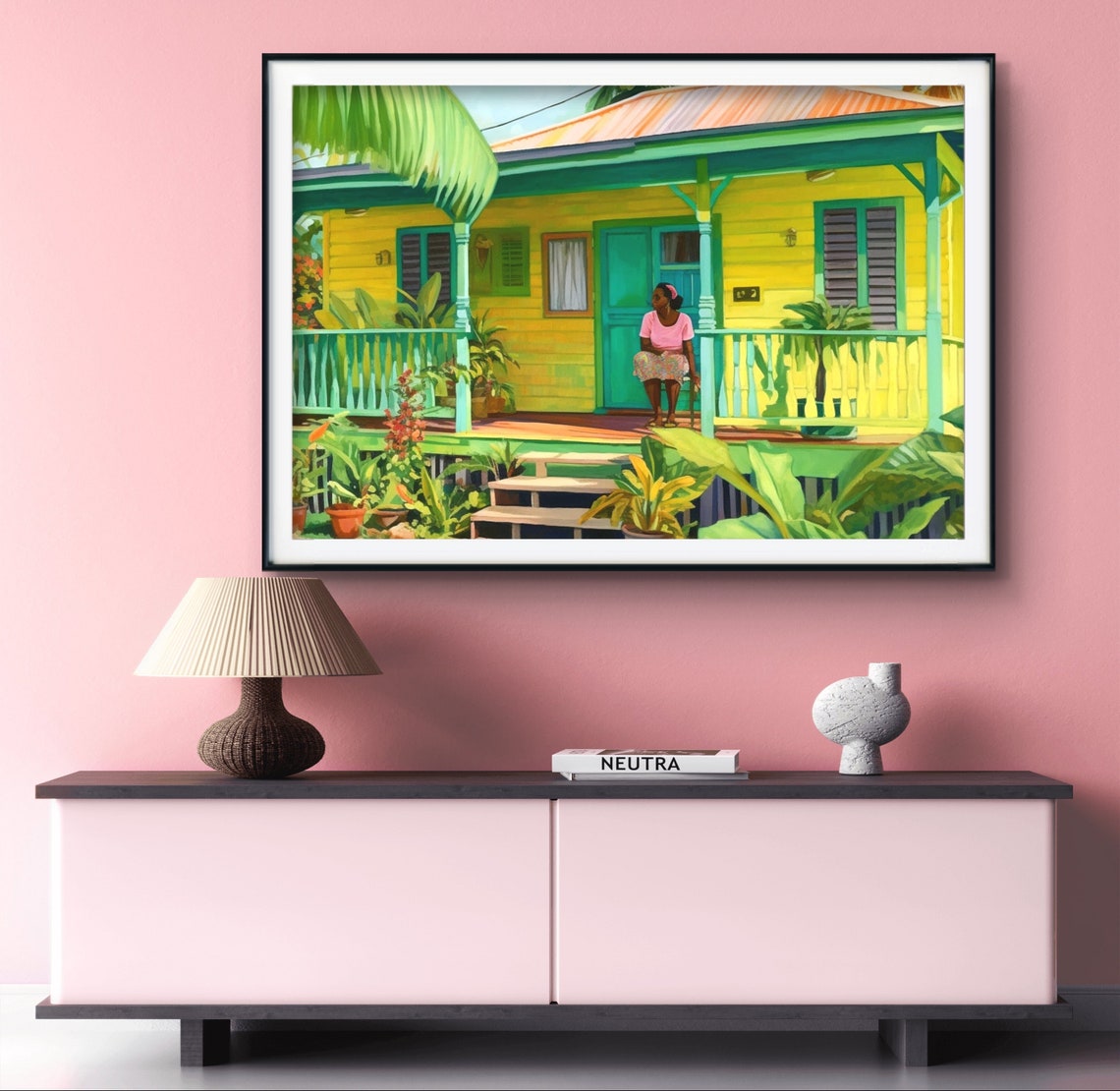Barbados Painting of Chattel House in Green and Yellow, Caribbean Wall ...