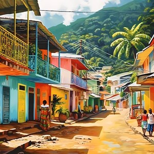 Dominica Art Canvas, Caribbean Village Scene, Madras Dress - Etsy