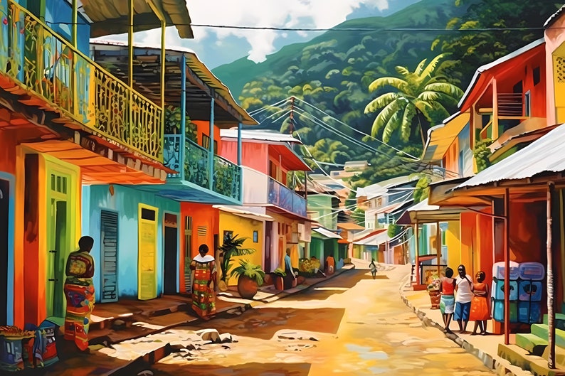 Dominica Art Canvas, Caribbean Village Scene, Madras Dress - Etsy