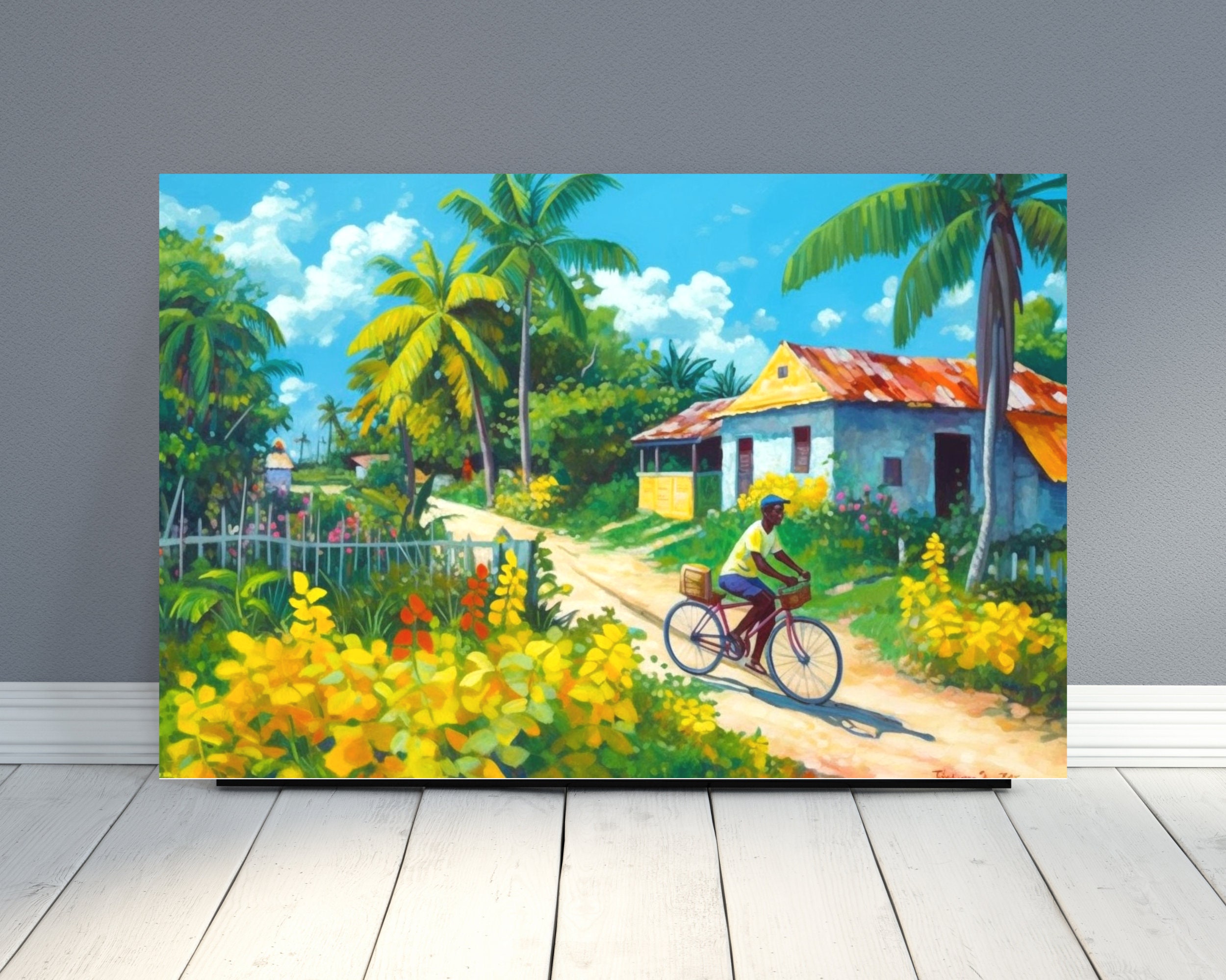 Tobago Art, Man on Bicycle in Flowers, Caribbean Art Print, Caribbean ...