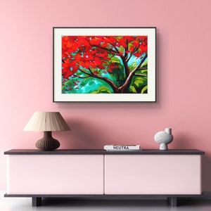 Flamboyant Tree Print, Tropical Print, Bright Colours, Red and Green ...