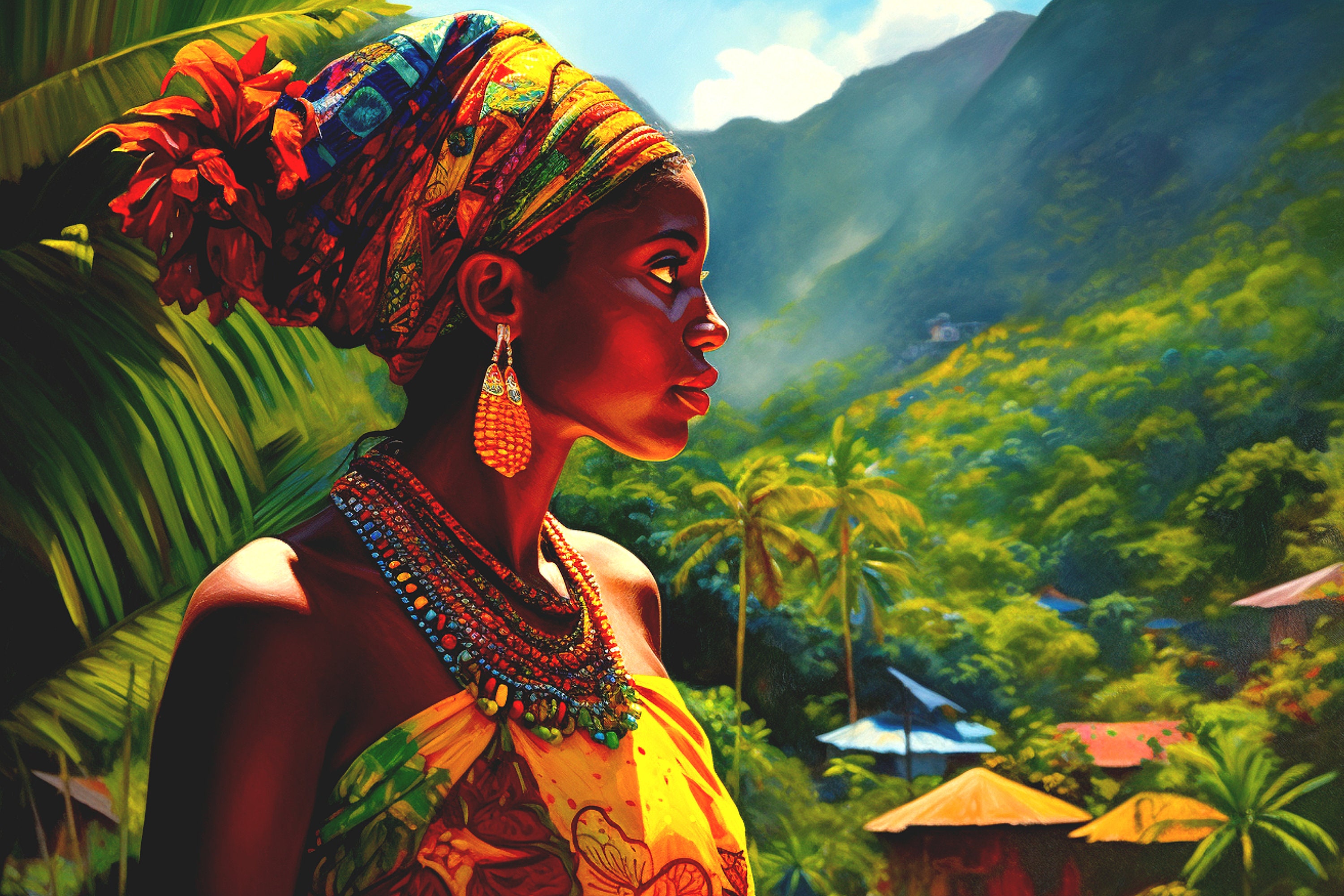 Caribbean Wall Art of Lady Wearing Headscarf in Dominica Black Woman ...