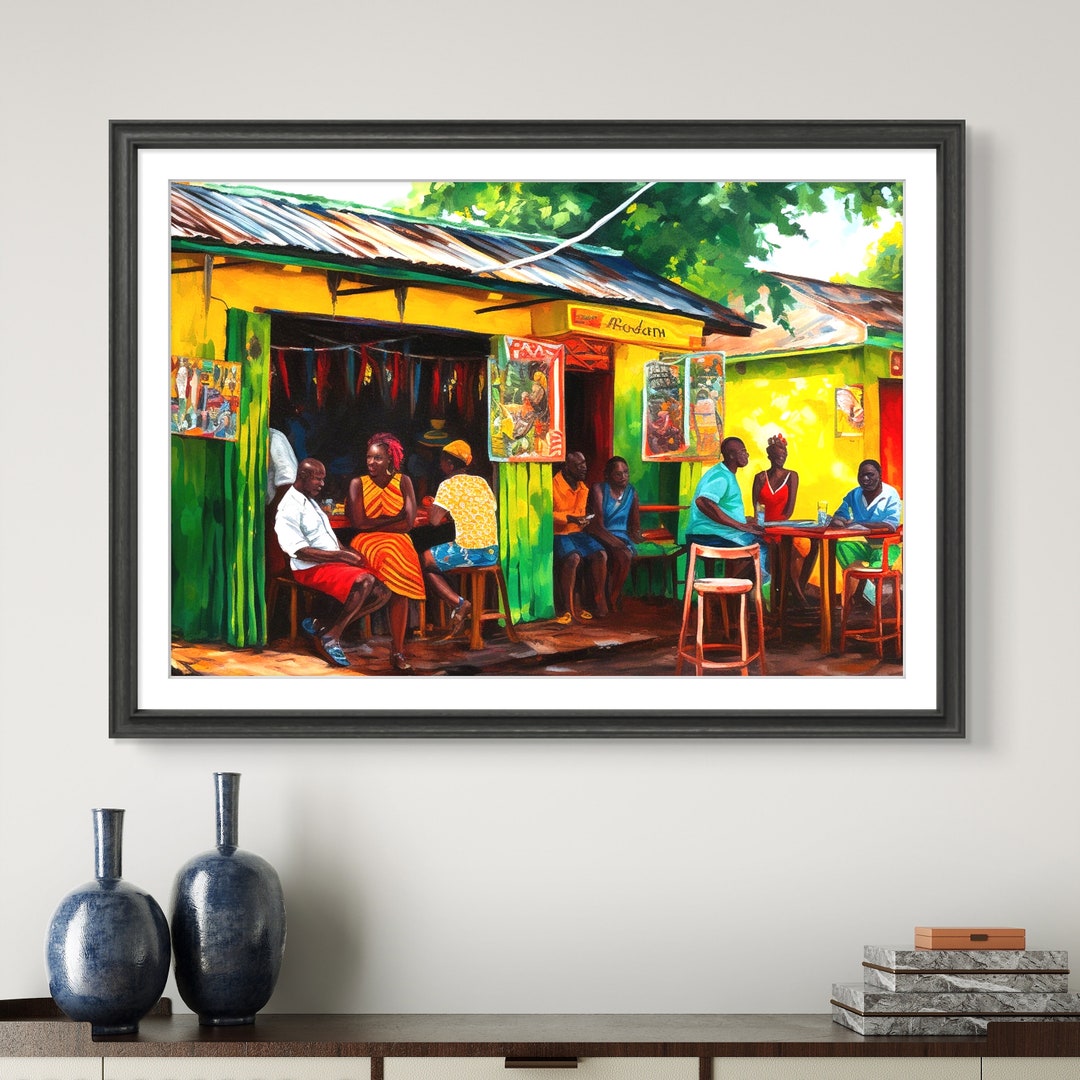 Caribbean Art Print of Jamaican Rum Shop in Yellow and Green Painting ...