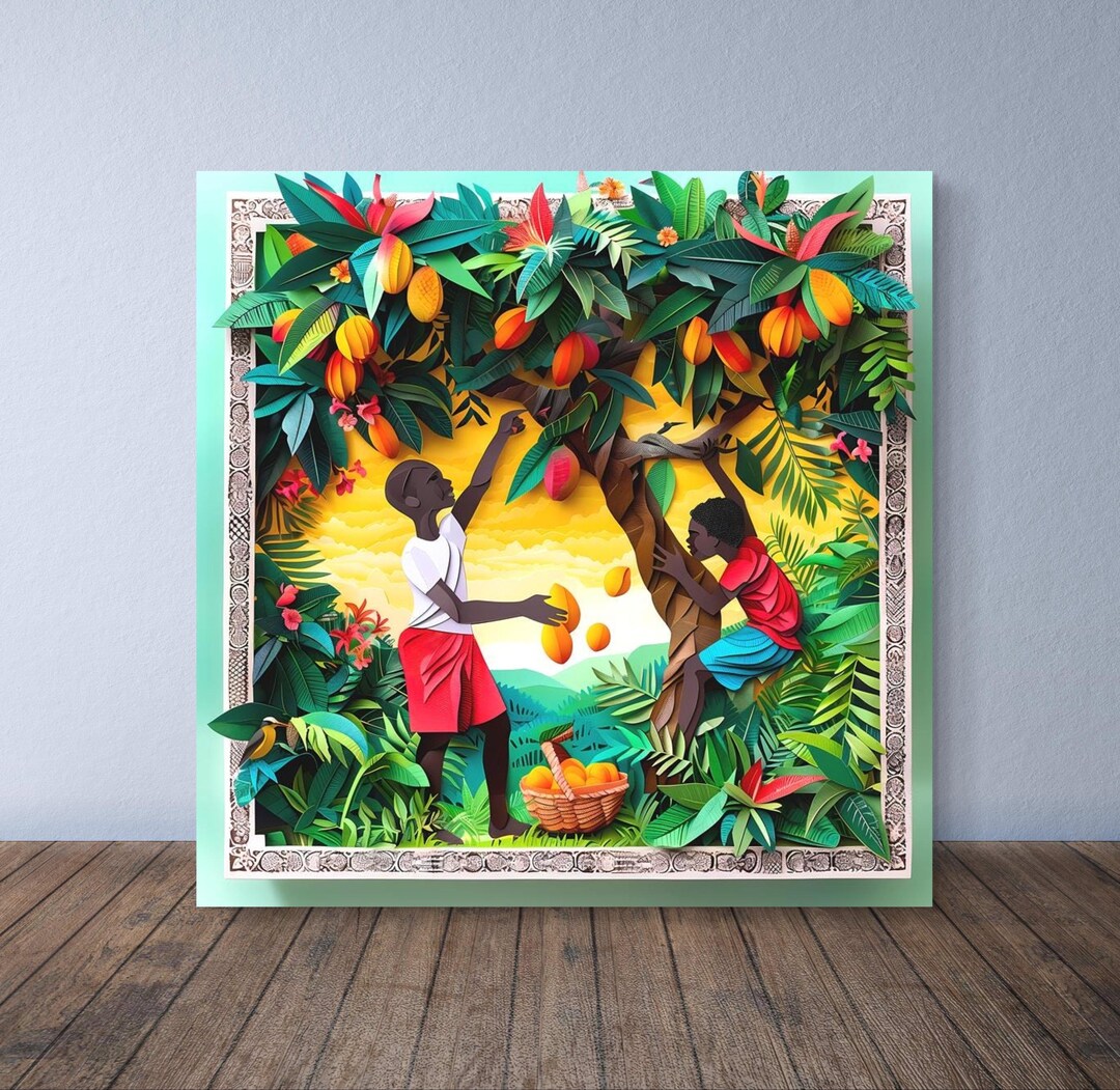 Caribbean Mango Tree Art Print on Canvas- Papercut Style Collage of ...