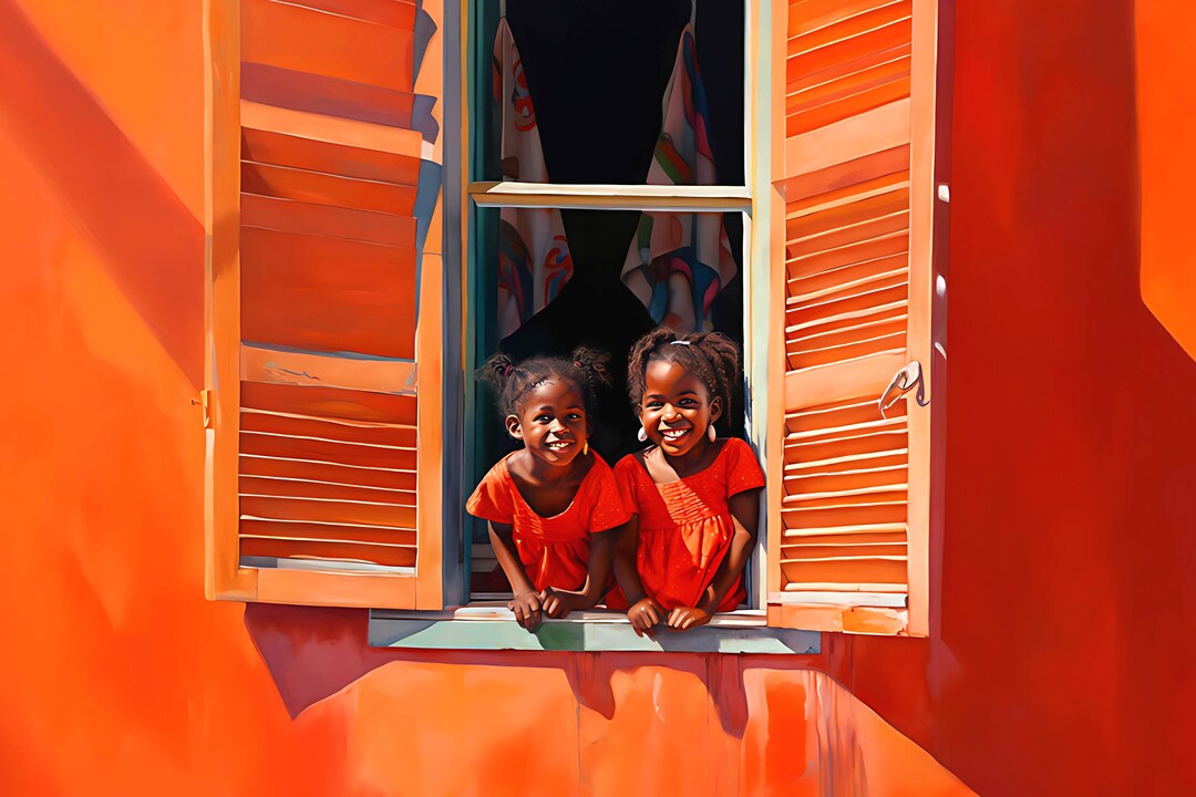 Jamaican Girls at the Window Print on Giclee Jamaica Wall Decor in Red ...
