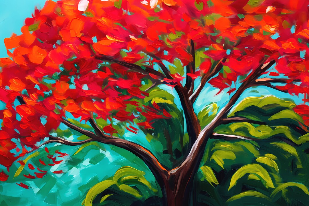 Flamboyant Tree Print, Tropical Print, Bright Colours, Red and Green ...