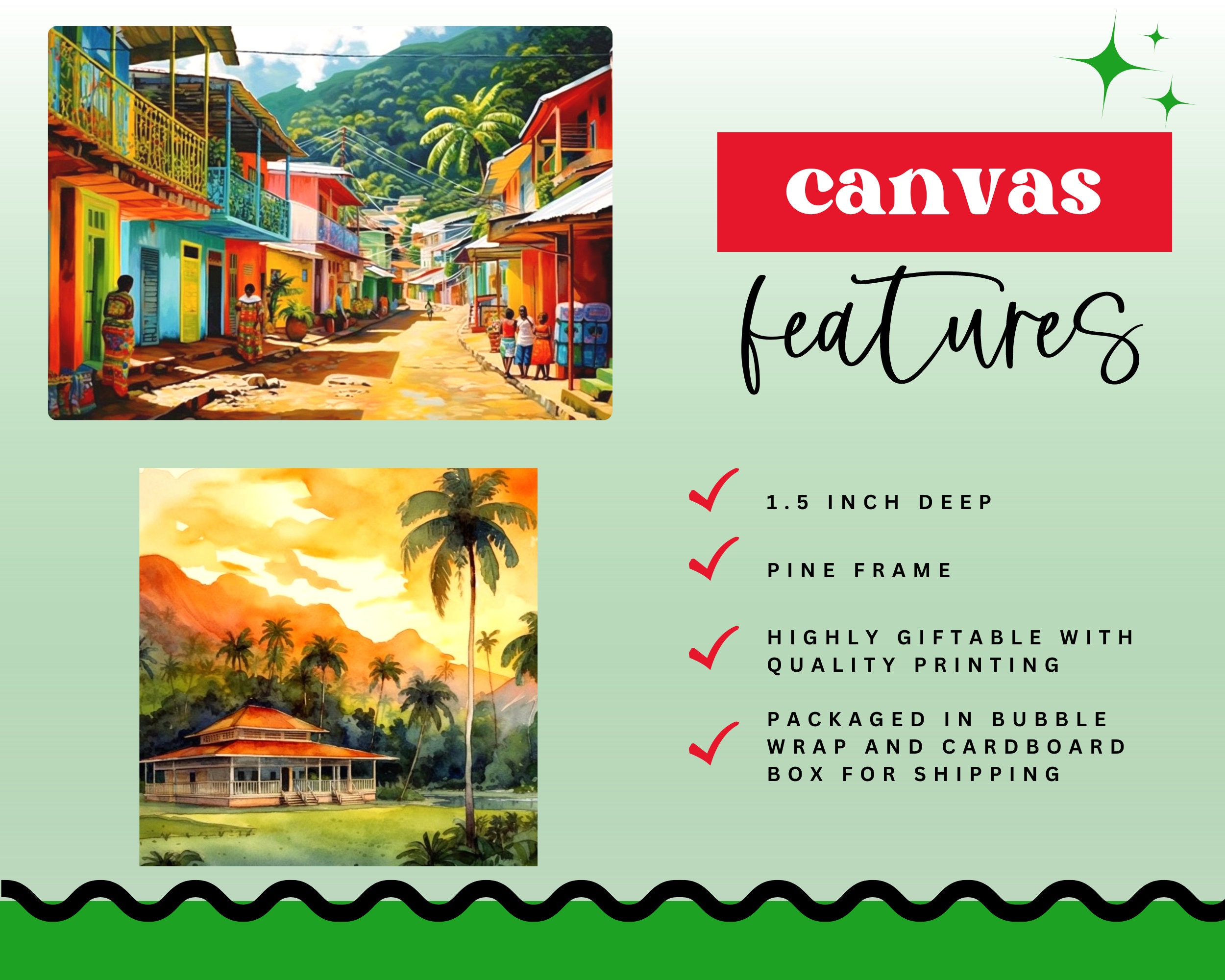 Grenada Art Canvas Painting of Village Road, Caribbean Wall Art ...
