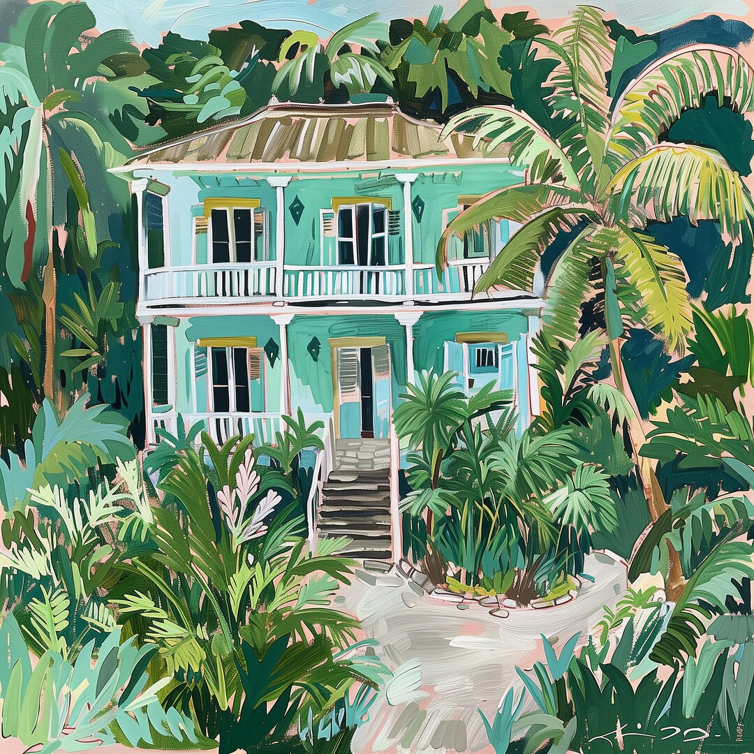 Caribbean House Canvas Romantic Print Mint and Green Print Tropical ...
