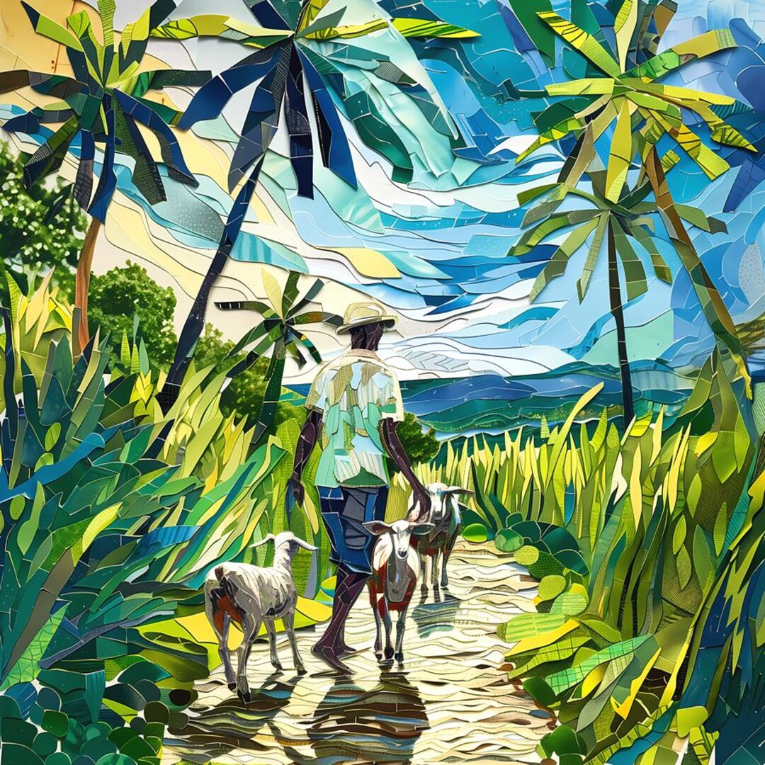 Jamaican Hillside Goat Herding Art Print - Papercut Style Caribbean ...