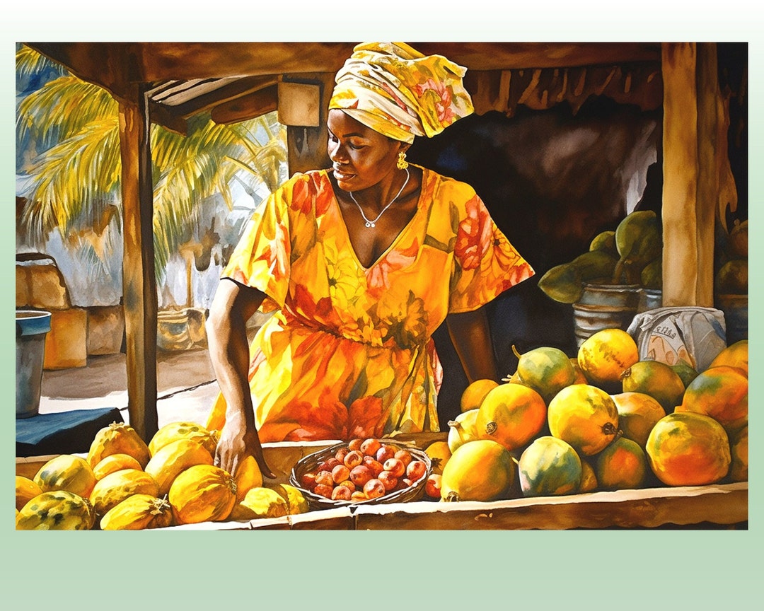 Caribbean Market Scene of Lady Selling Mangoes, Mango Print, Caribbean ...