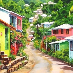 Grenada Art Canvas Painting of Village Road, Caribbean Wall Art ...