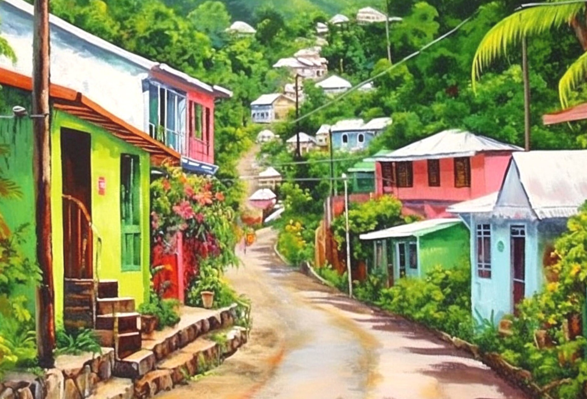 Grenada Art Canvas Painting of Village Road, Caribbean Wall Art ...