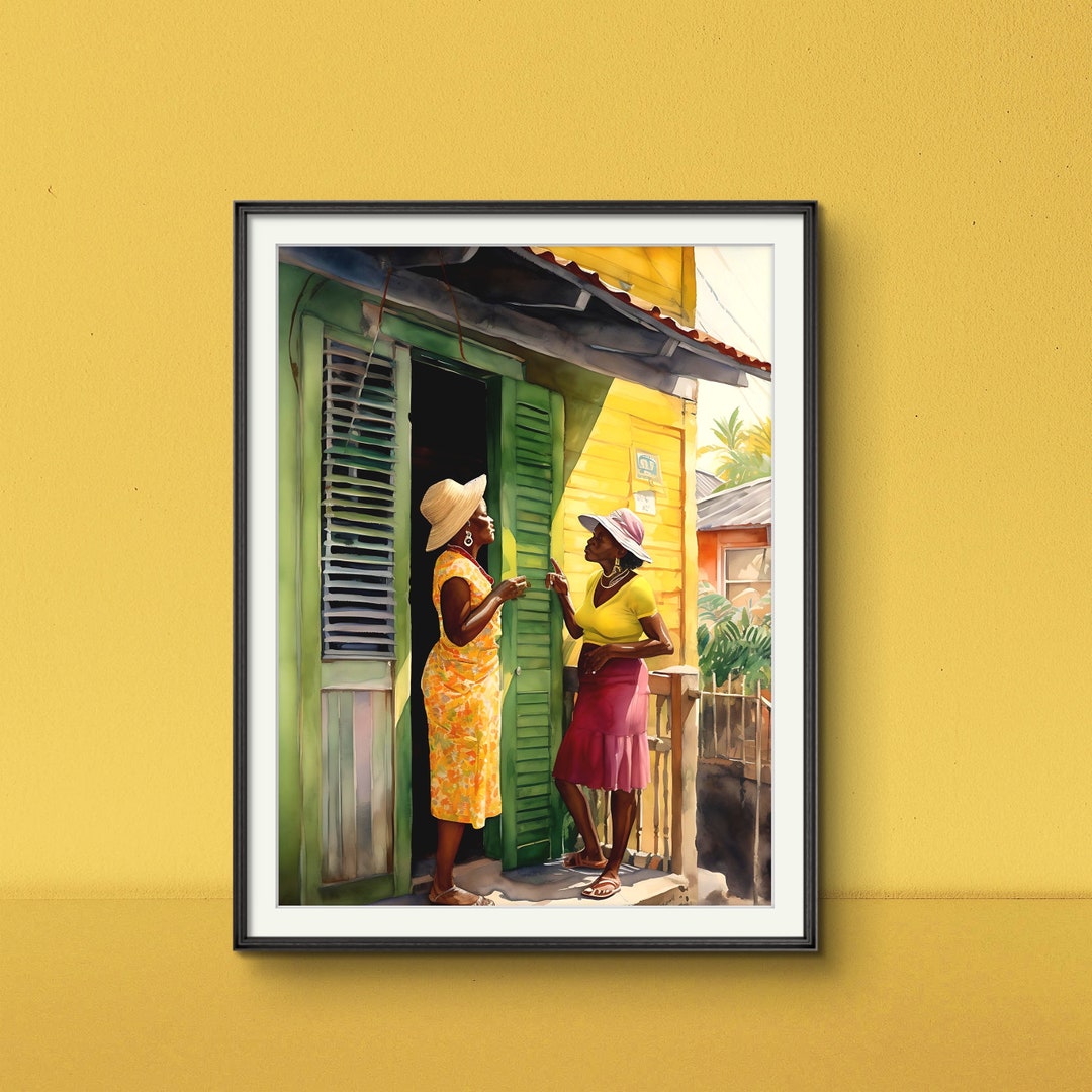 Grenada Art of Ladies Standing at Door Chatting Caribbean Art Print on ...