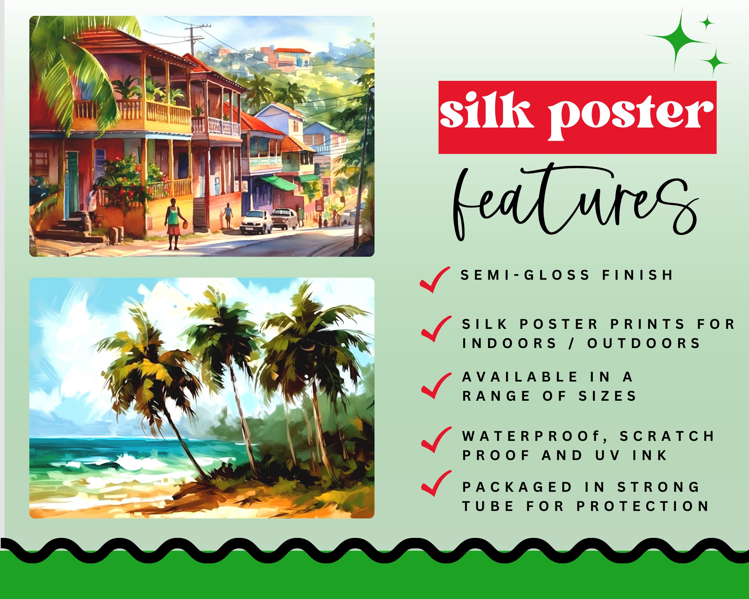 Caribbean Print of Beach Bar in Jamaica, Yellow and Green With Blue Sea ...