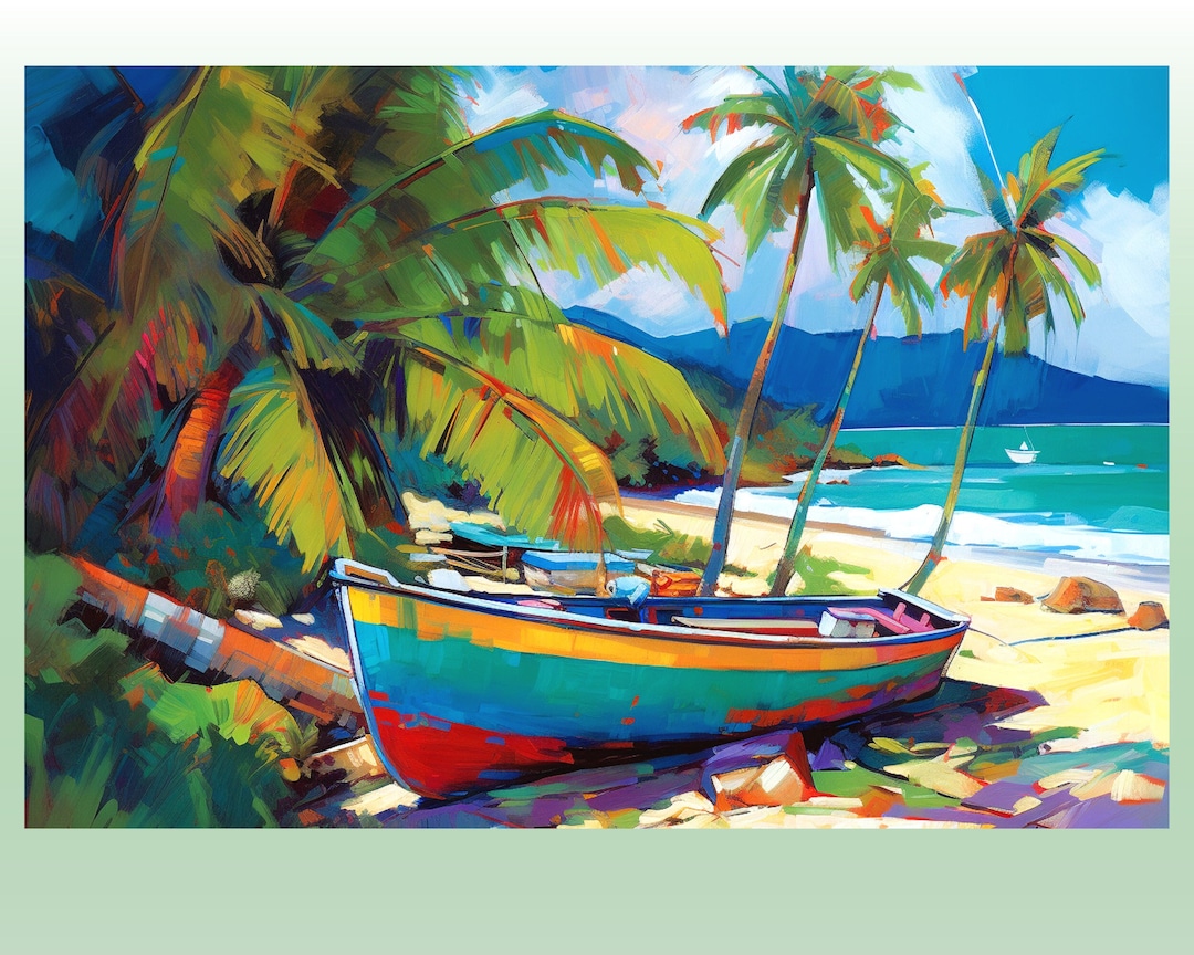 Caribbean Beach With Fishing Boat, Caribbean Wall Decor, Jamaica Art ...